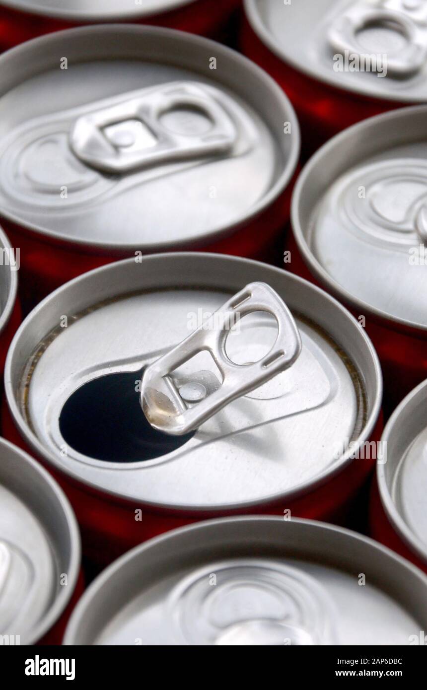 Many aluminium soda drink cans close up. Advertising for Soda drinks or ...