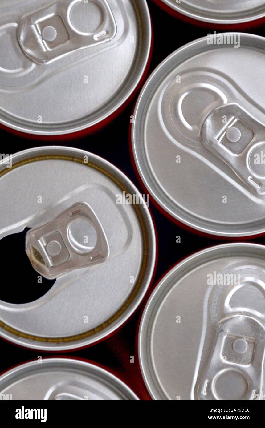 Many cans of soda soft drink, lemonade, cola, beer or energy drink ...