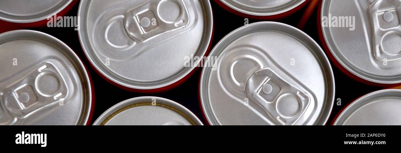 Many cans of soda soft drink, lemonade, cola, beer or energy drink ...