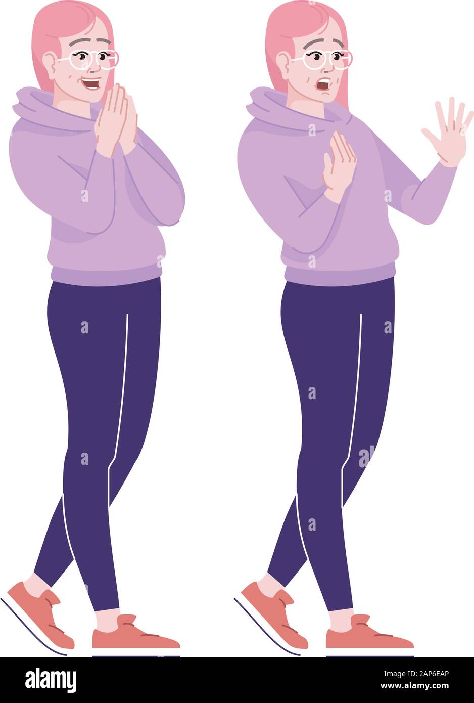 Happy and scared woman flat vector illustration. Female joy and fear ...