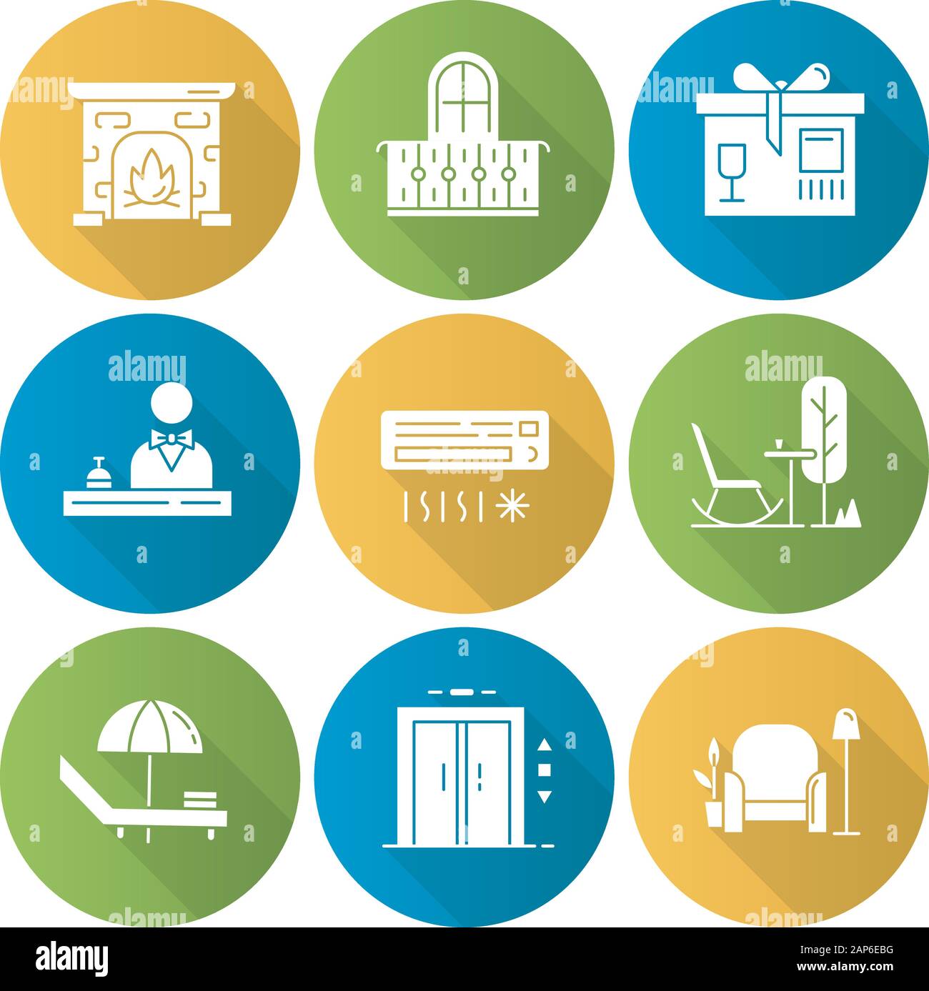 Apartment amenities flat design long shadow glyph icons set. Reception ...