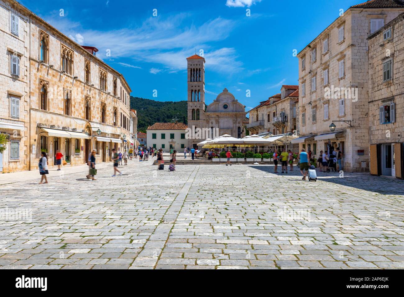 Main square in old medieval town Hvar. Hvar is one of most popular ...