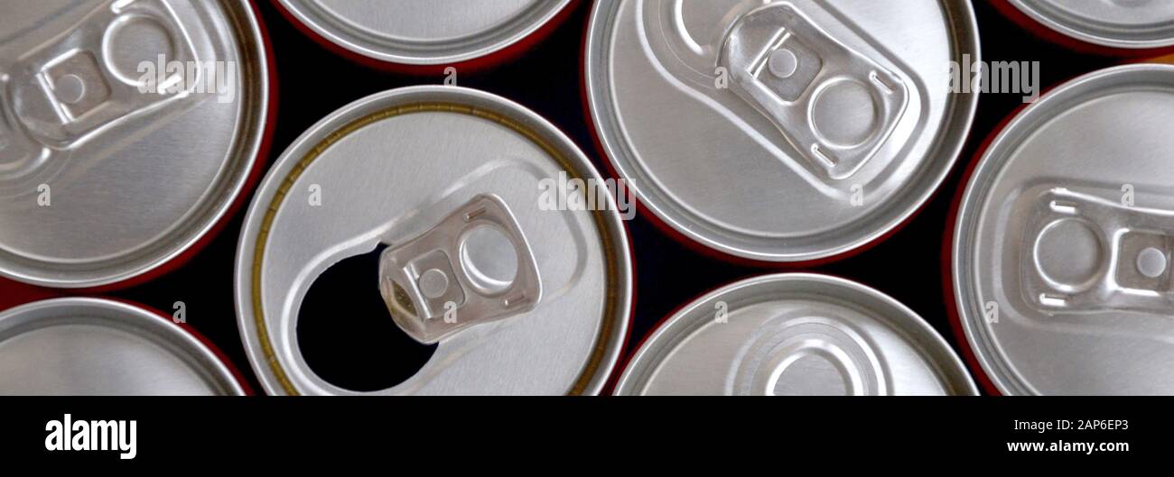 Many cans of soda soft drink, lemonade, cola, beer or energy drink ...