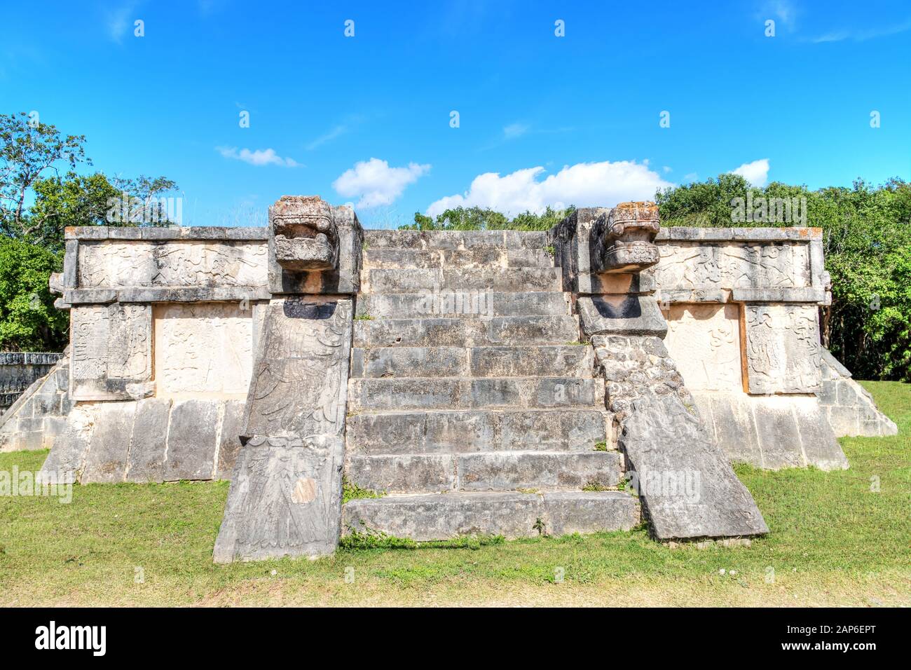 Intricate ancient Mayan art carvings on the Platform of the Eagles and ...