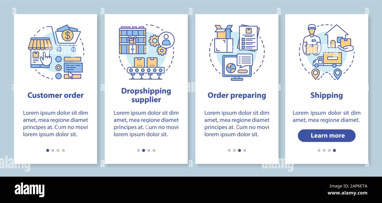 Dropshipping onboarding mobile app page screen with linear concepts ...