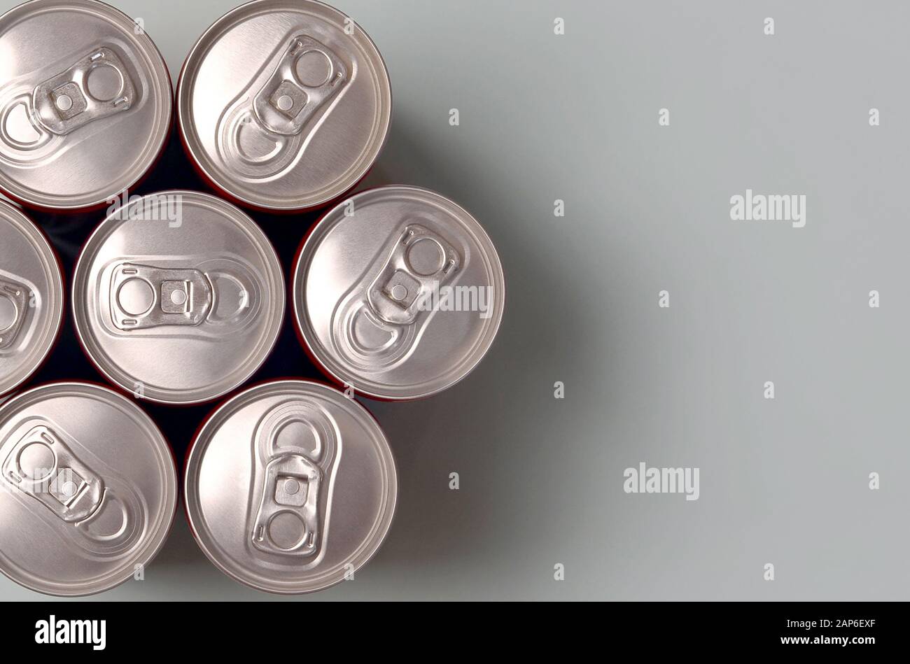 Many new aluminium cans of soda soft drink, lemonade cola, beer or ...