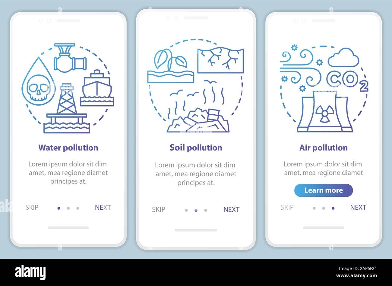 Pollution onboarding mobile app page screen vector template. Water and air waste contamination ...