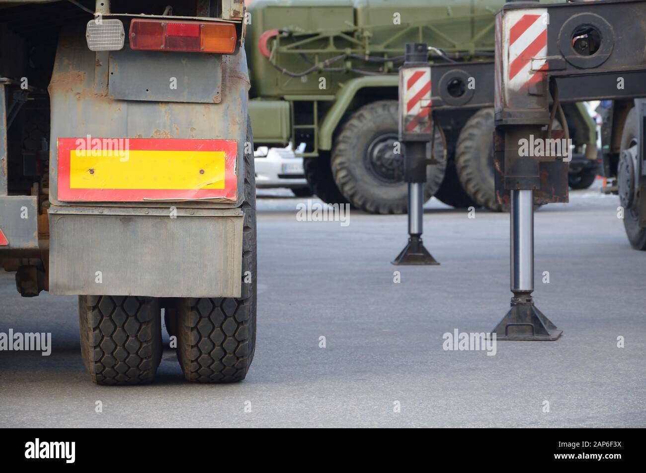 Close up view of green military truck. Modern military transportation ...