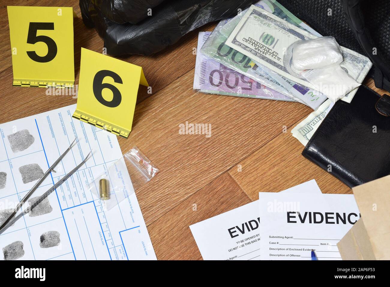 Evidence Chain of Custody Labels and brown paper bag with fingerprints ...