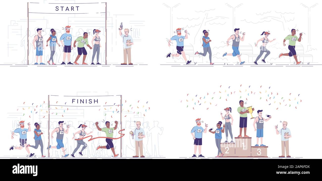 Marathon flat vector illustrations set. Competition stages. Endurance ...