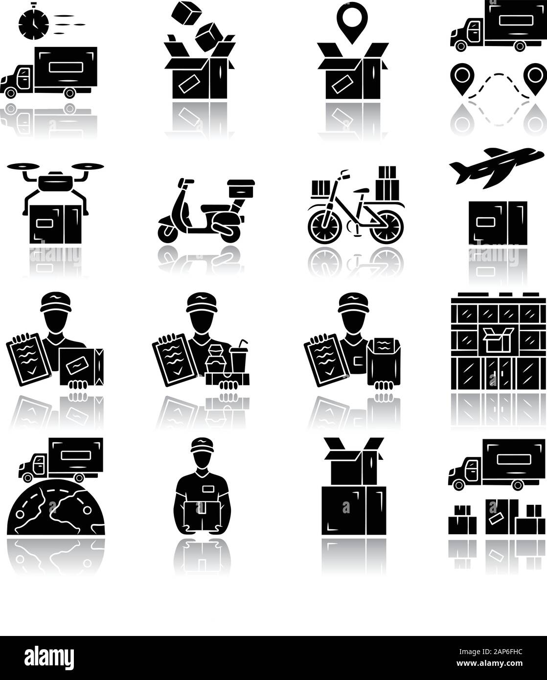 Delivery drop shadow black glyph icons set. Express goods shipping ...