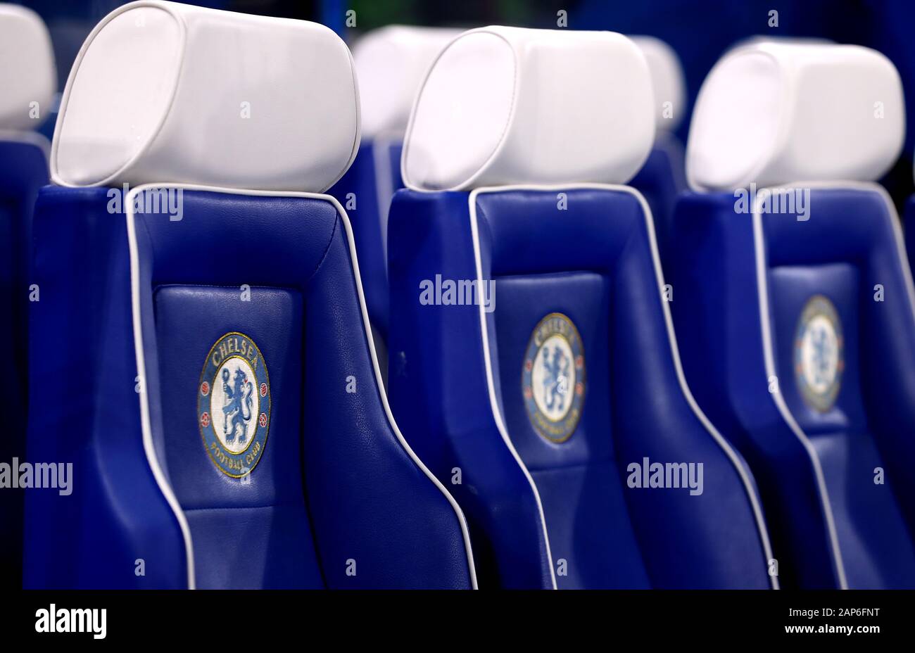 Detail of the Chelsea branded dug out seats before the Premier League ...