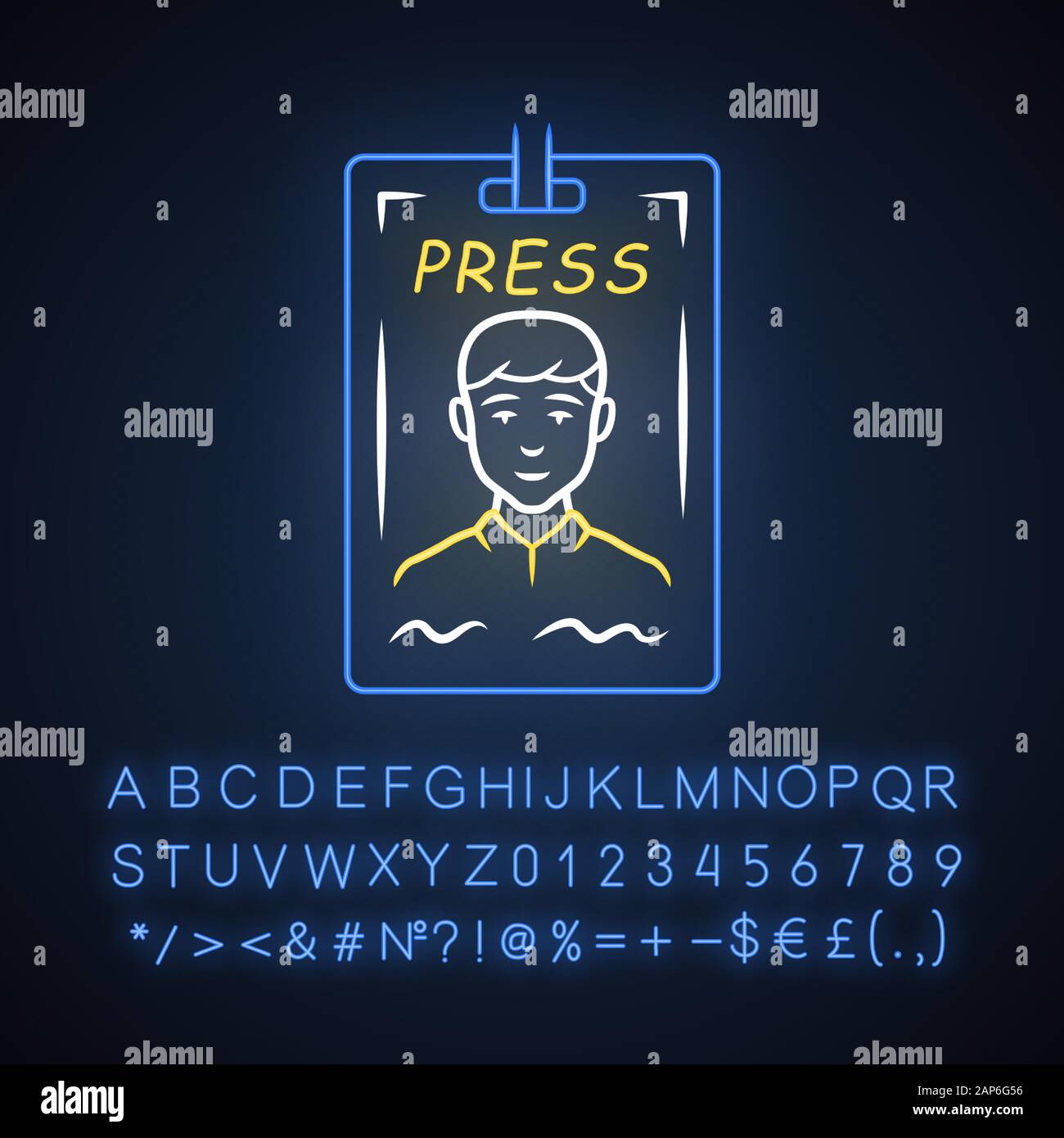 Press pass neon light icon. Journalist, reporter ID badge. Press ...