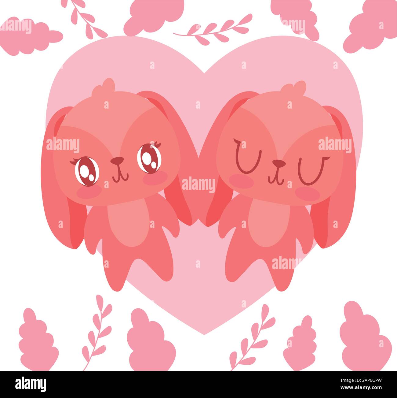 Rabbits cartoons heart and leaves design of love passion romantic ...