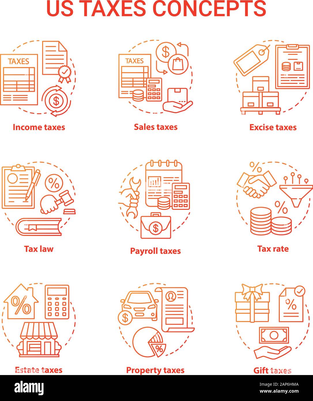 US taxes red concept icons set. Percentage rate of taxation idea thin ...