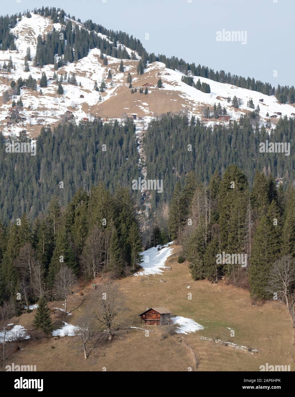 Chalet decorated with cow bells in the Lauterbrunnen Valley ...