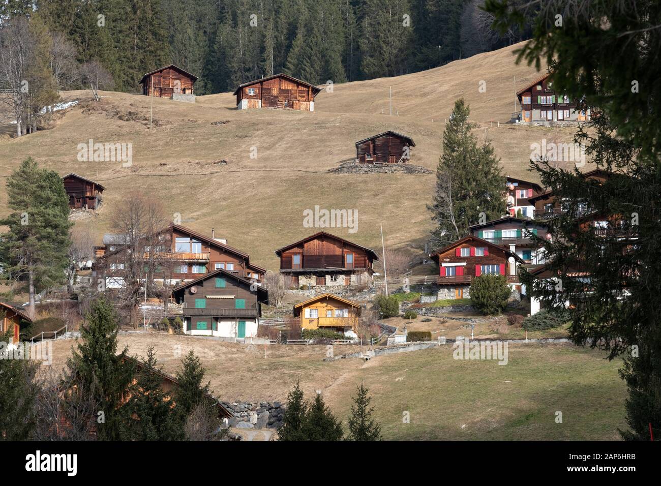 Chalet decorated with cow bells in the Lauterbrunnen Valley ...
