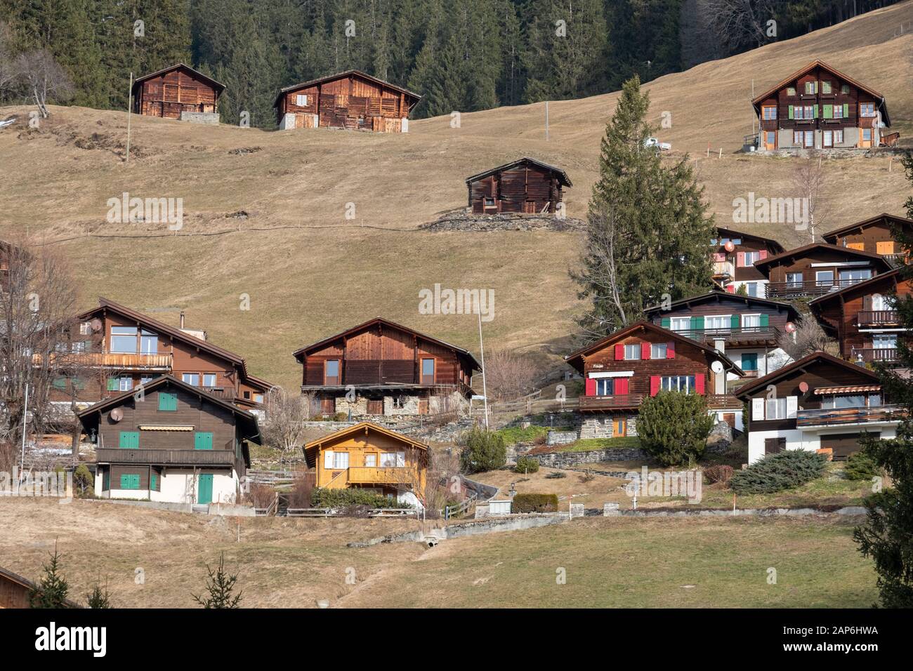 Chalet decorated with cow bells in the Lauterbrunnen Valley ...
