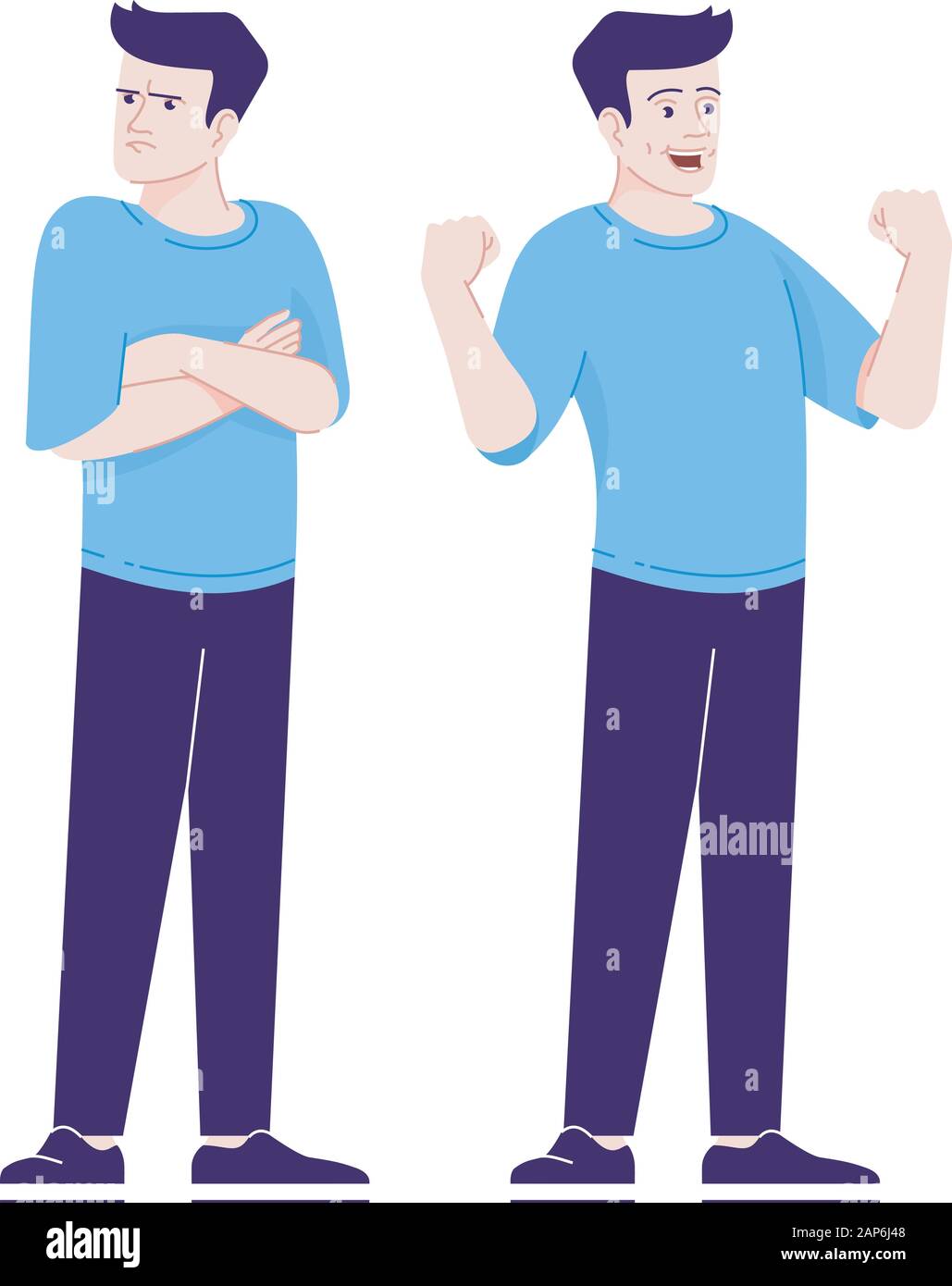 Offended and happy man flat vector illustration. Negative and positive ...