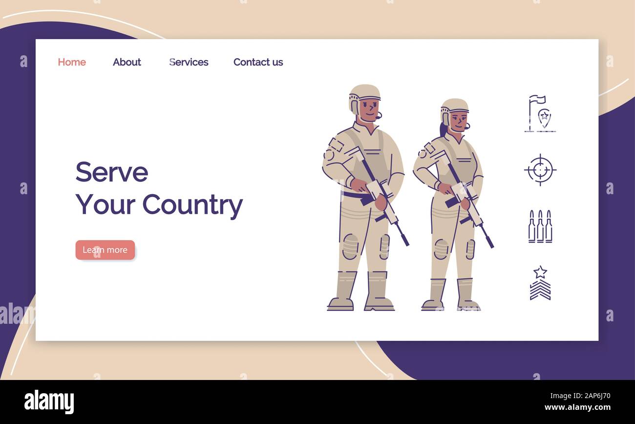 Army service landing page vector template. US soldiers website ...