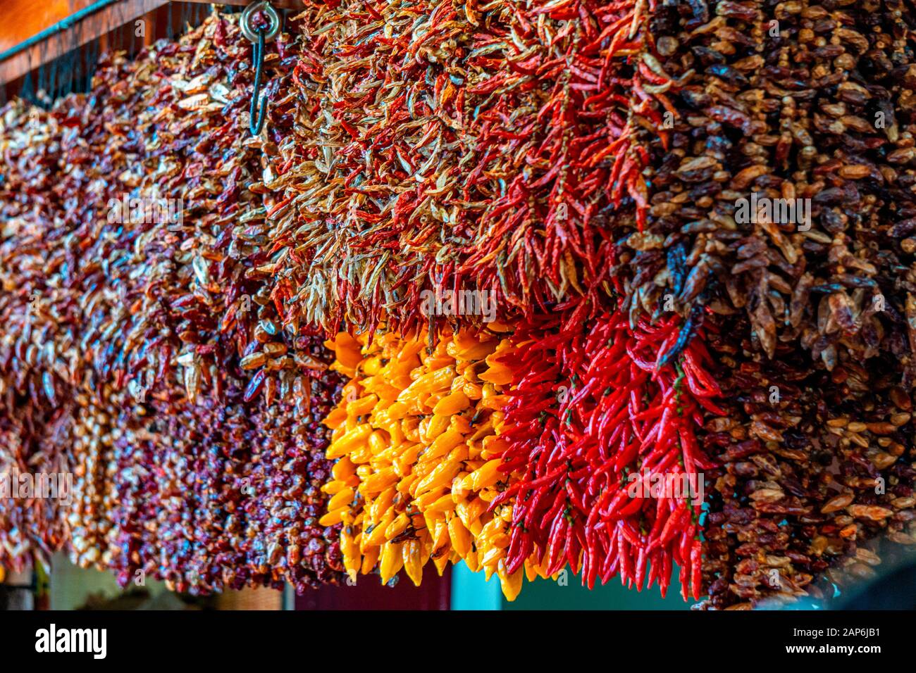 Red chili pepper chain hanging to dry in a market place Stock Photo - Alamy