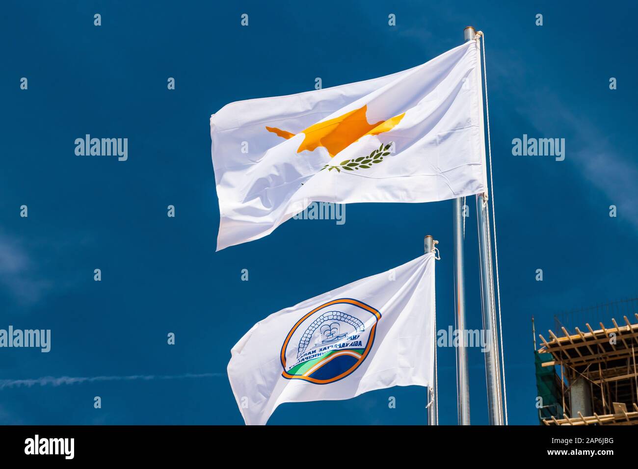 The flag of Agia Napa municipality and the flag of Cyprus. Flags on the ...