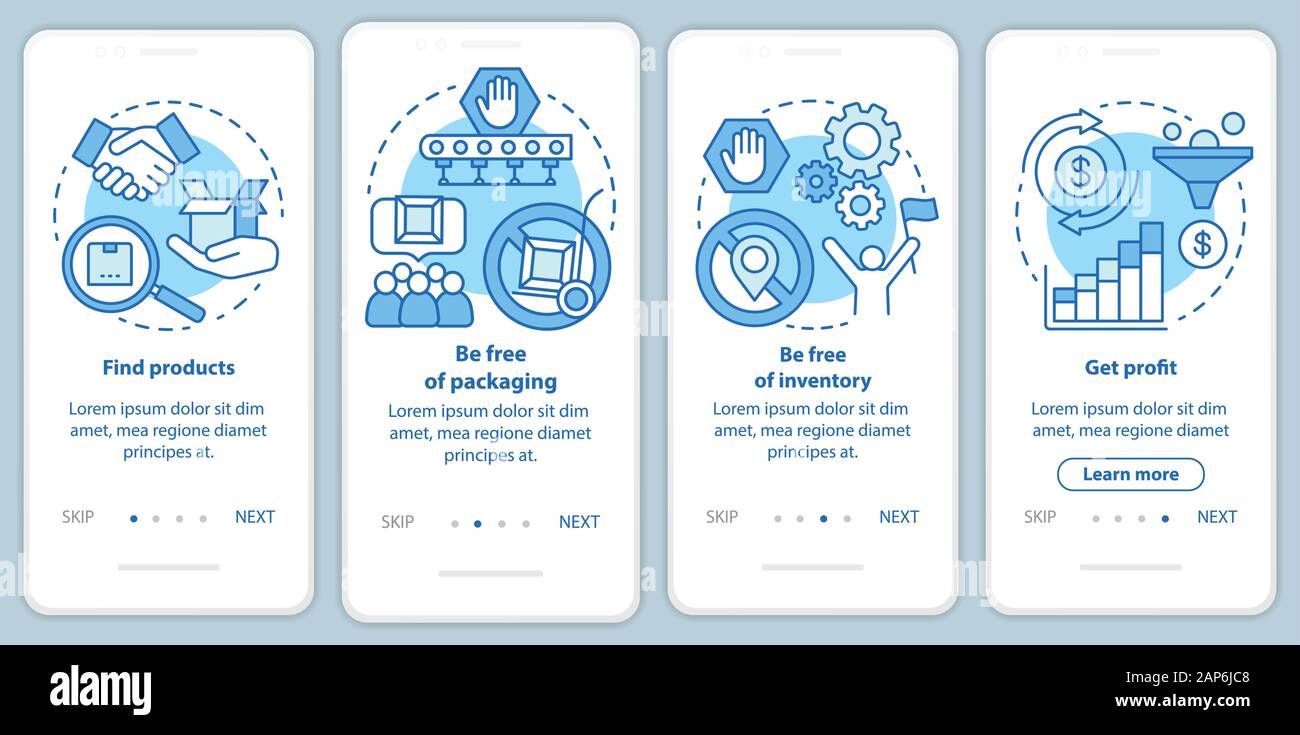 Dropshipping blue onboarding mobile app page screen with linear ...