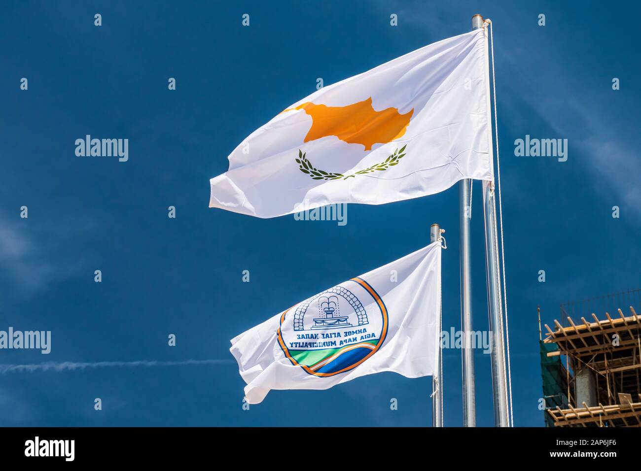 The flag of Agia Napa municipality and the flag of Cyprus. Flags on the ...