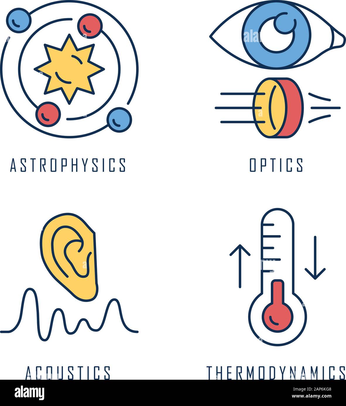 Physics branches color icons set. Astrophysics, optics, acoustics and ...