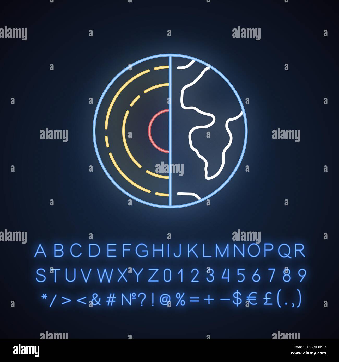 Geophysics neon light icon. Study of Earth crust and core. Inner ...