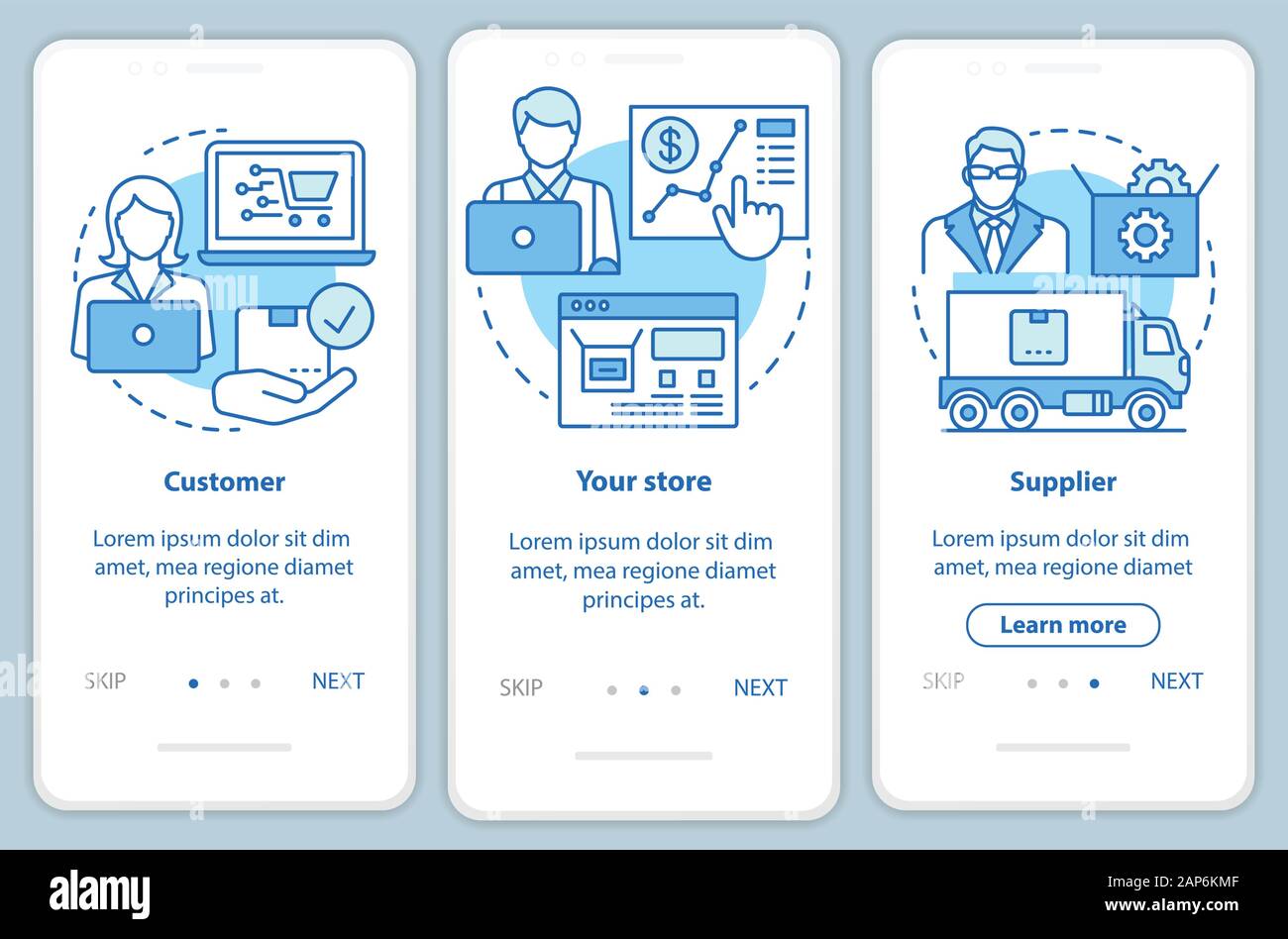 Dropshipping process blue onboarding mobile app page screen with linear ...