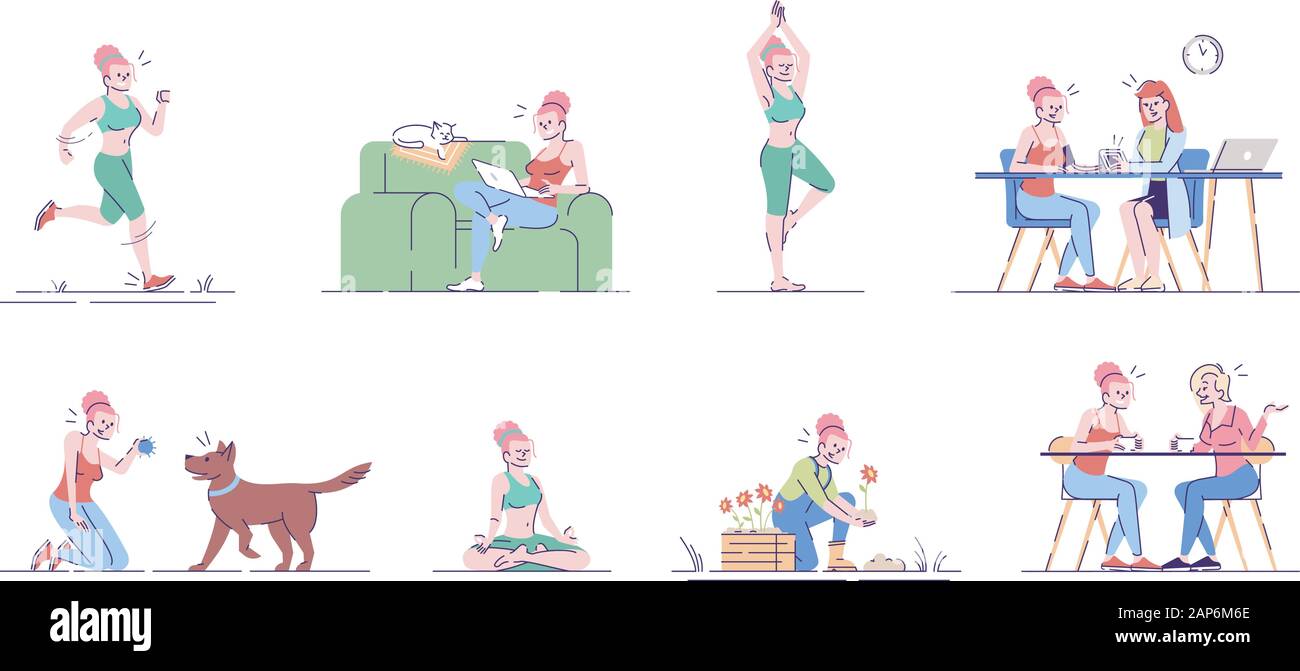 Stress management flat vector illustrations set. Woman sport, hobby ...