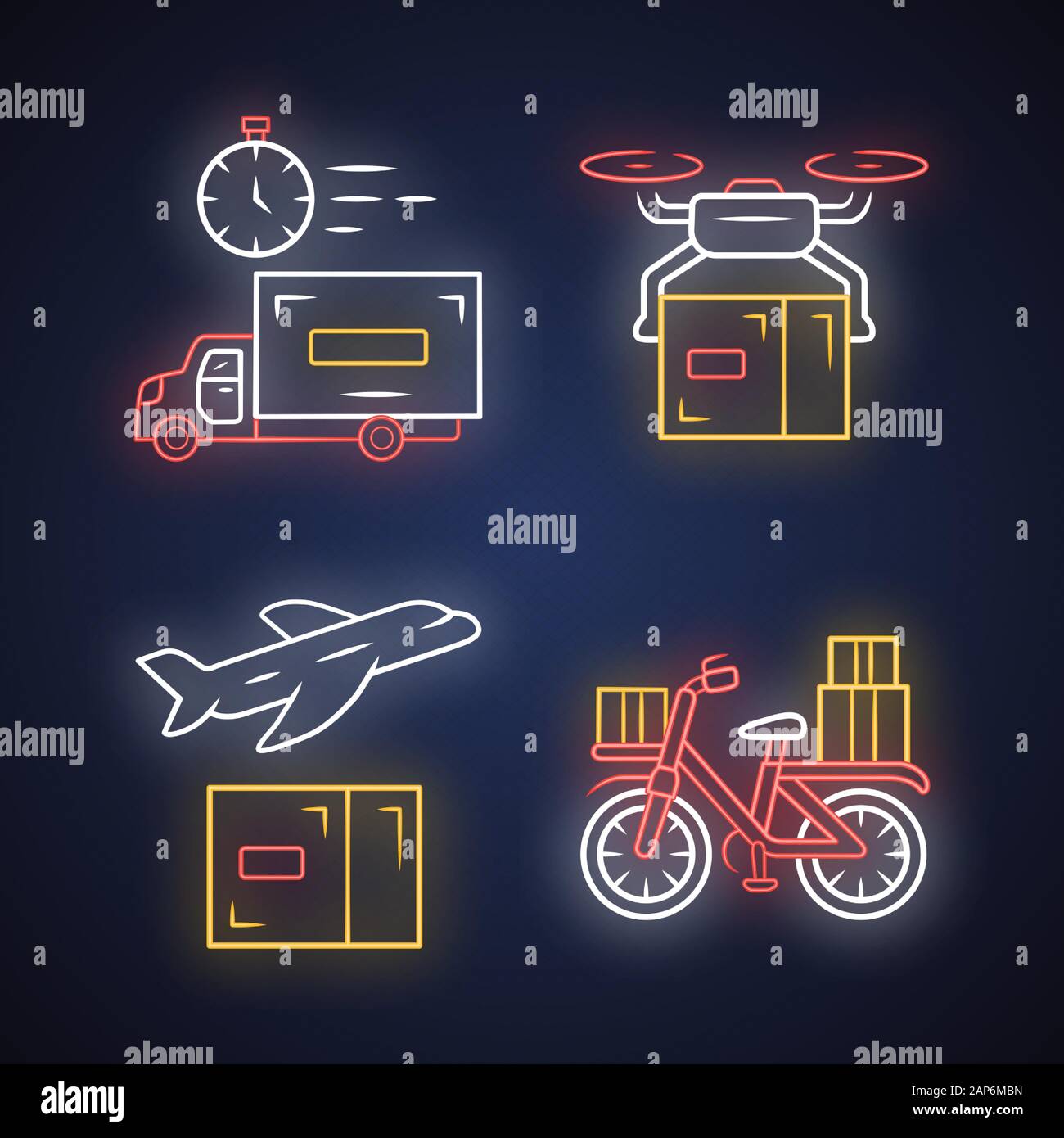 Delivery neon light icons set. Shipping service. Drone, plane, bicycle ...