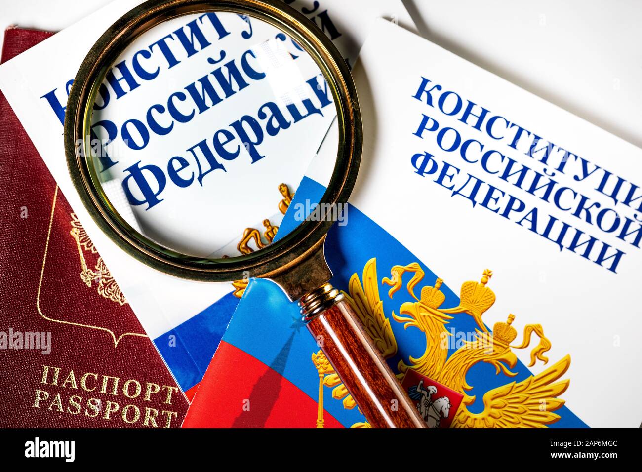 Brochure "Constitution of the Russian Federation" under a magnifying ...
