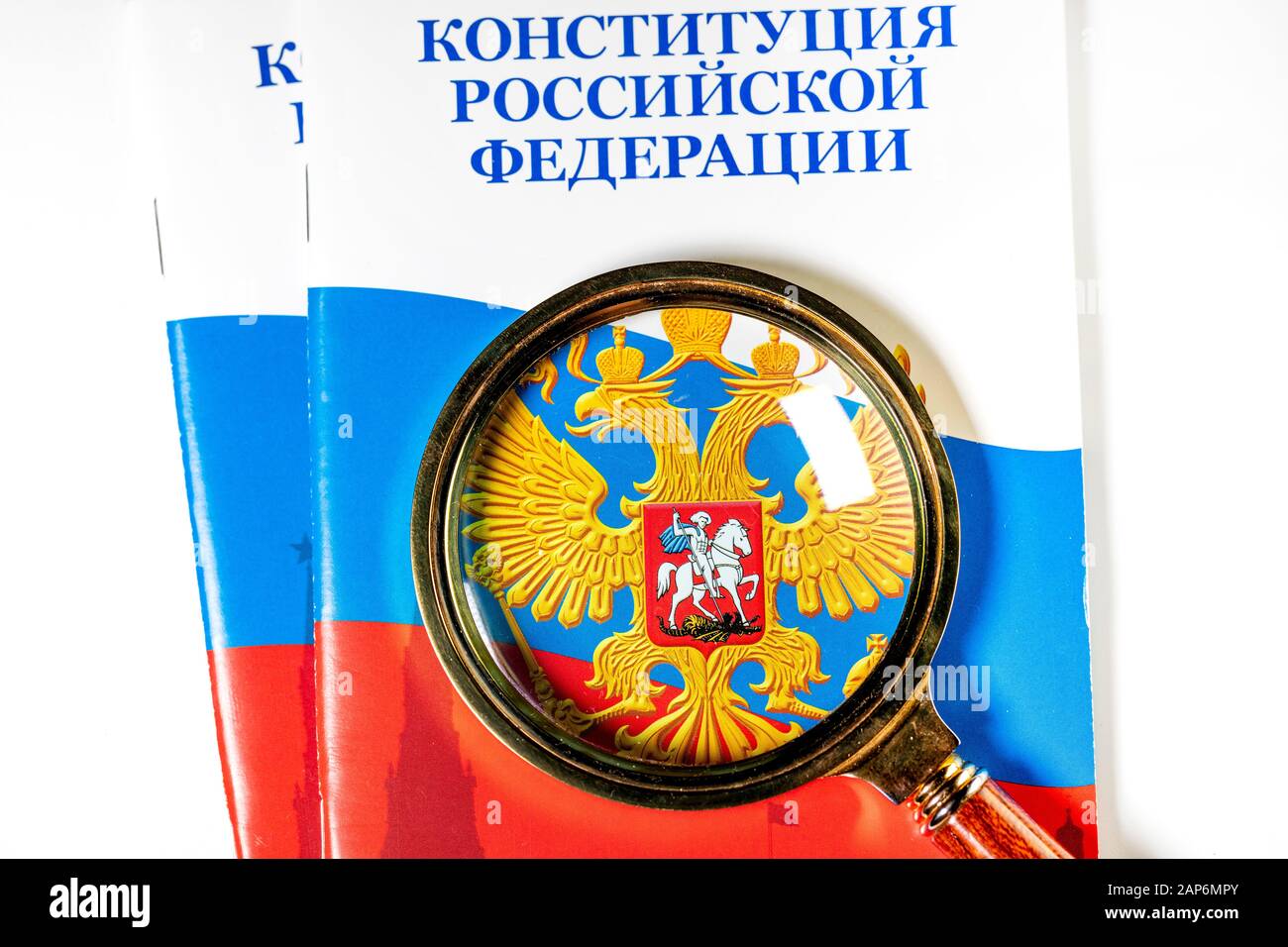 Brochure "Constitution of the Russian Federation" under a magnifying ...