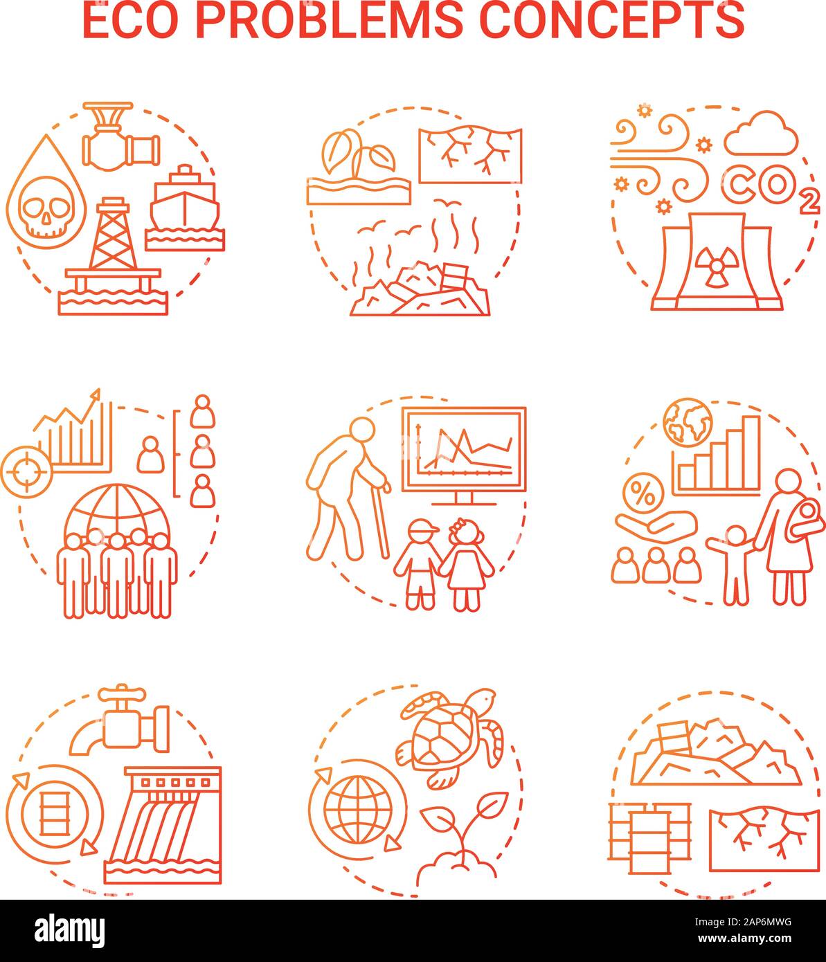 Eco problems concept icons set. Ecological disaster idea thin line ...