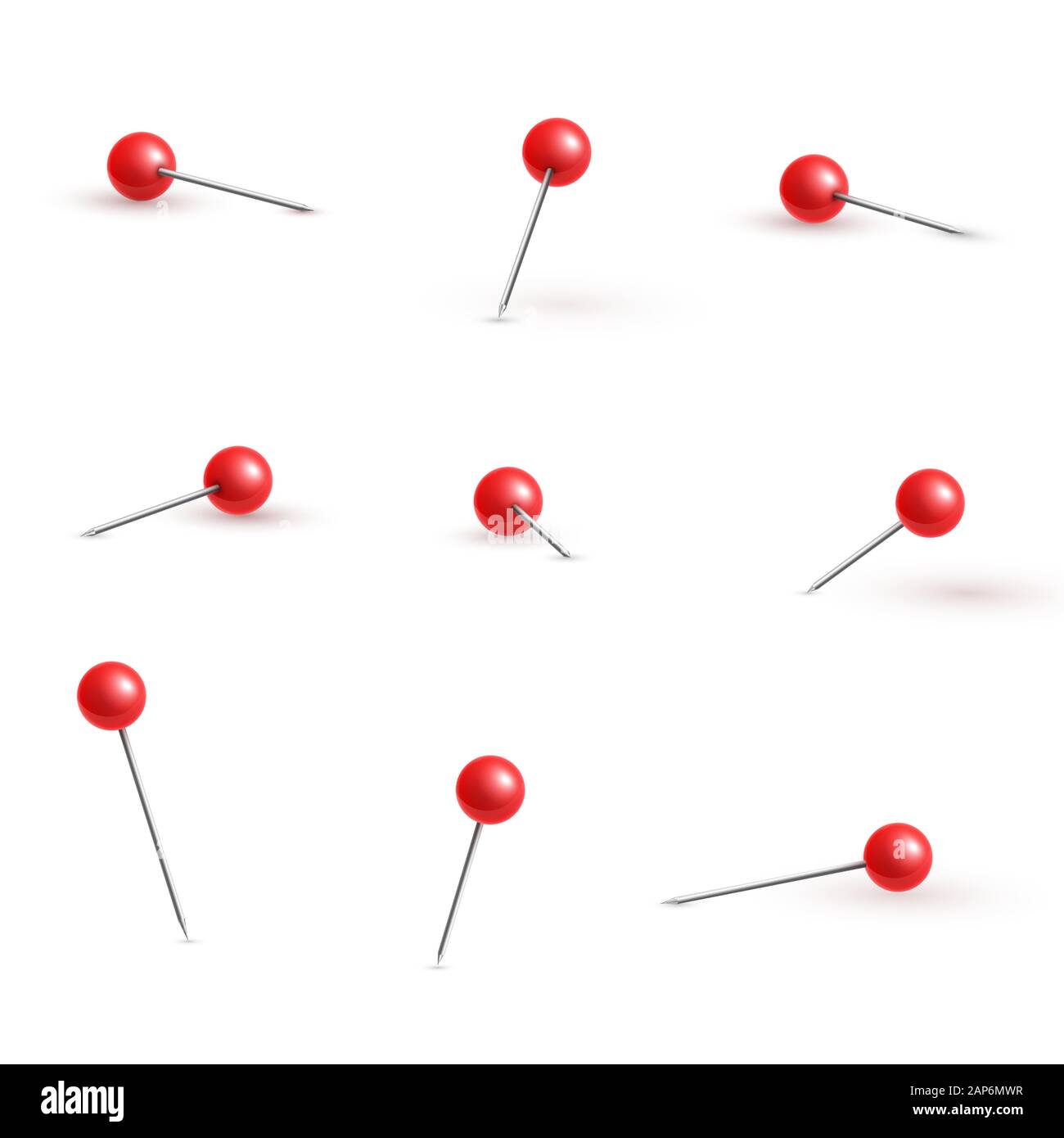 Realistic vector plastic glossy red push pins at various angles set ...