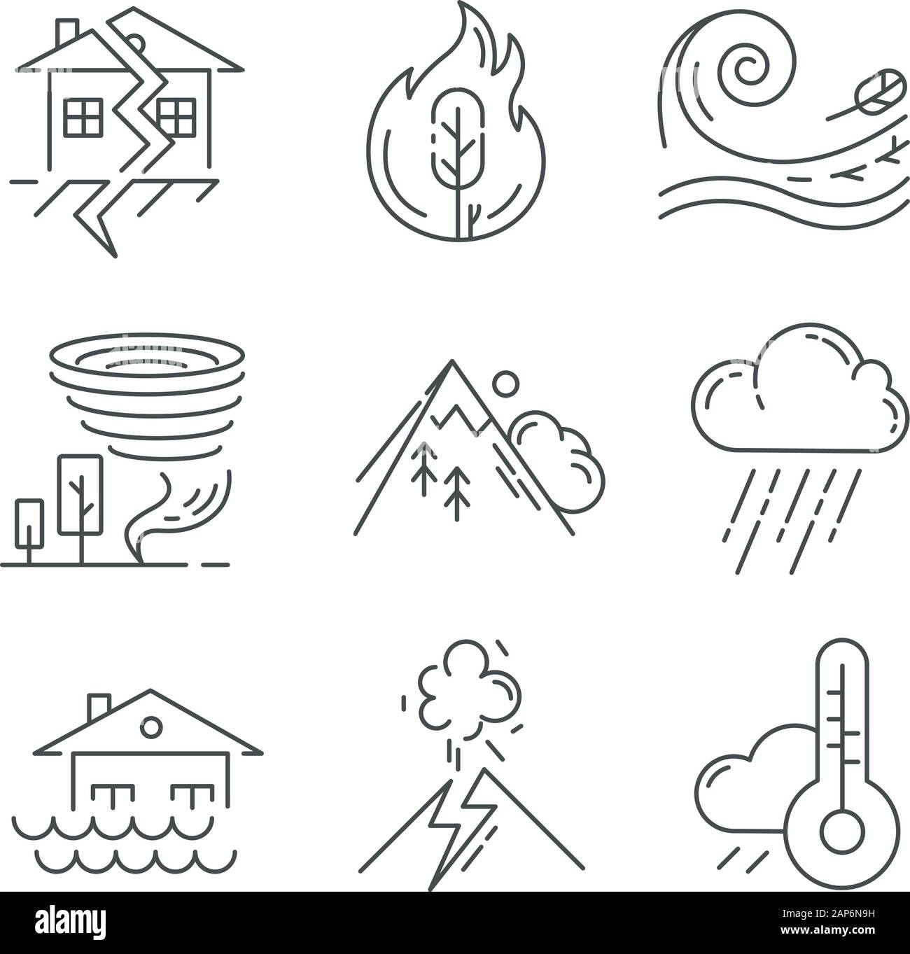 Natural disaster linear icons set. Wildfire, earthquake, tornado ...