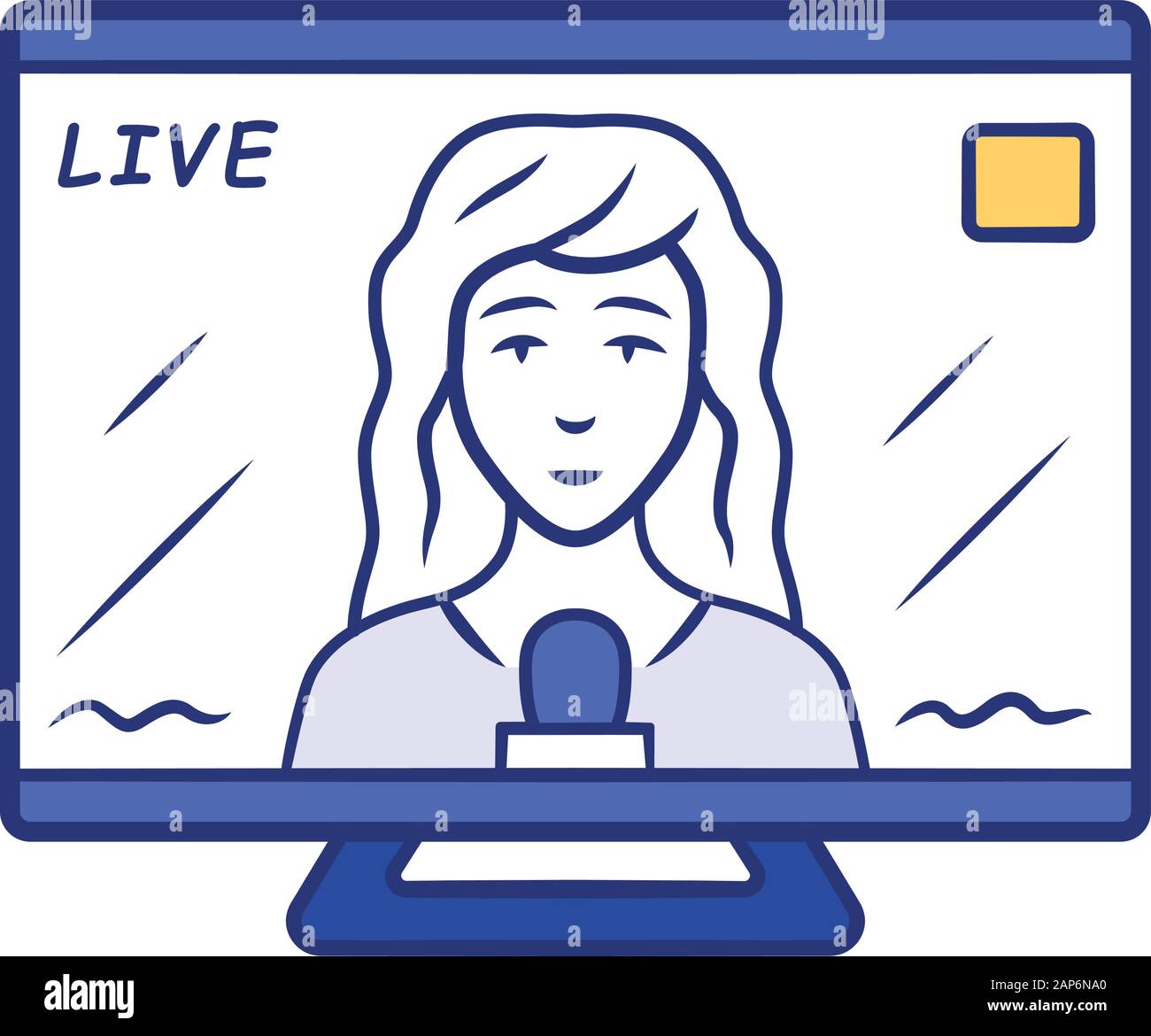 Reporter woman on TV blue color icon. Female journalist reporting ...