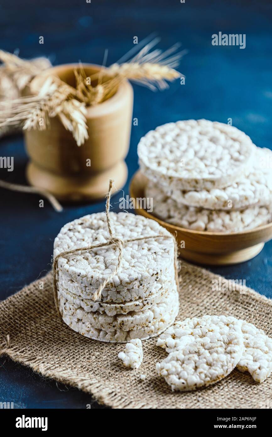 Stack of rice cakes. American puffed rice cakes. Healthy snacks with ...