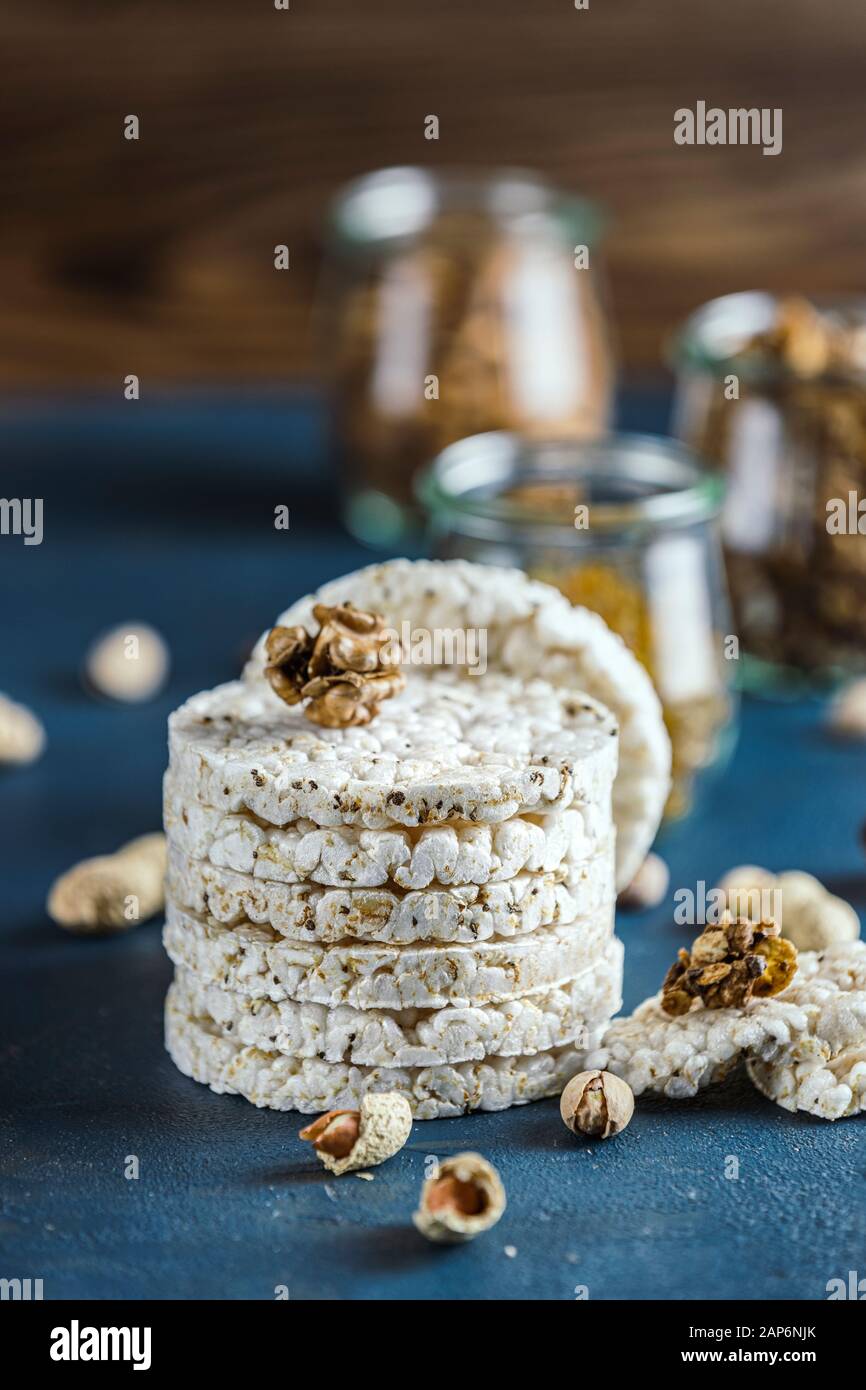 Stack of rice cakes. American puffed rice cakes. Healthy snacks with ...