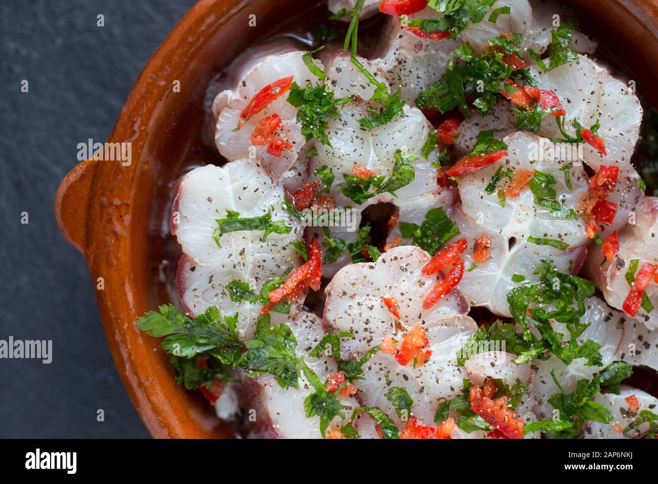 Sections of raw, lesser-spotted dogfish, Scyliorhinus canicula, caught ...