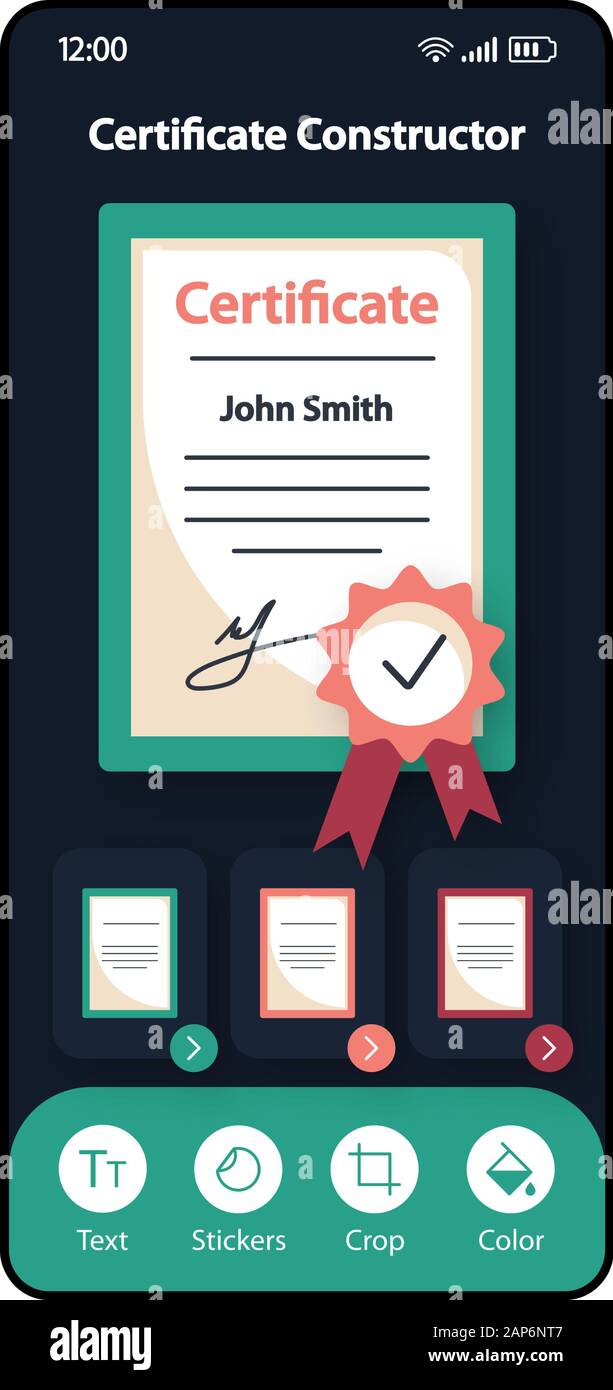 Certificate constructor smartphone interface vector template. Mobile ...