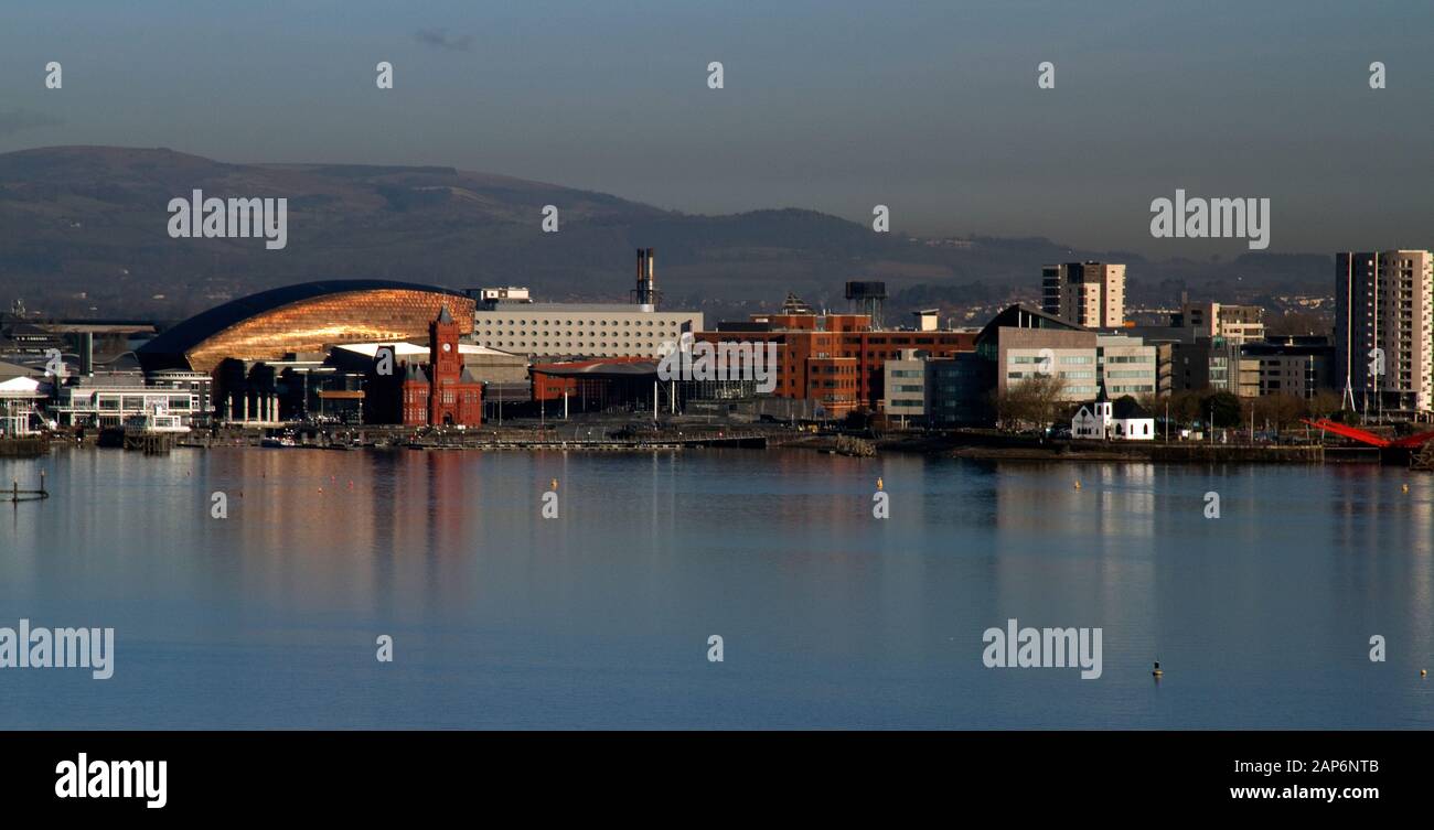 View overlooking Cardiff Bay showing official buildings in the ...