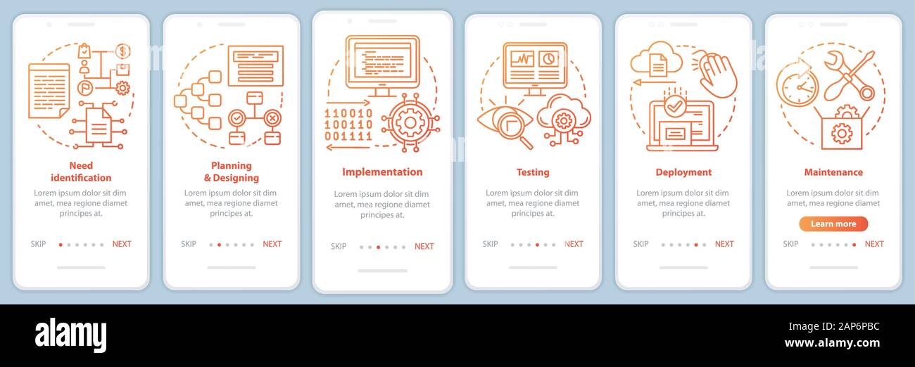 Software development stages onboarding mobile app page screen vector template. Computer program ...