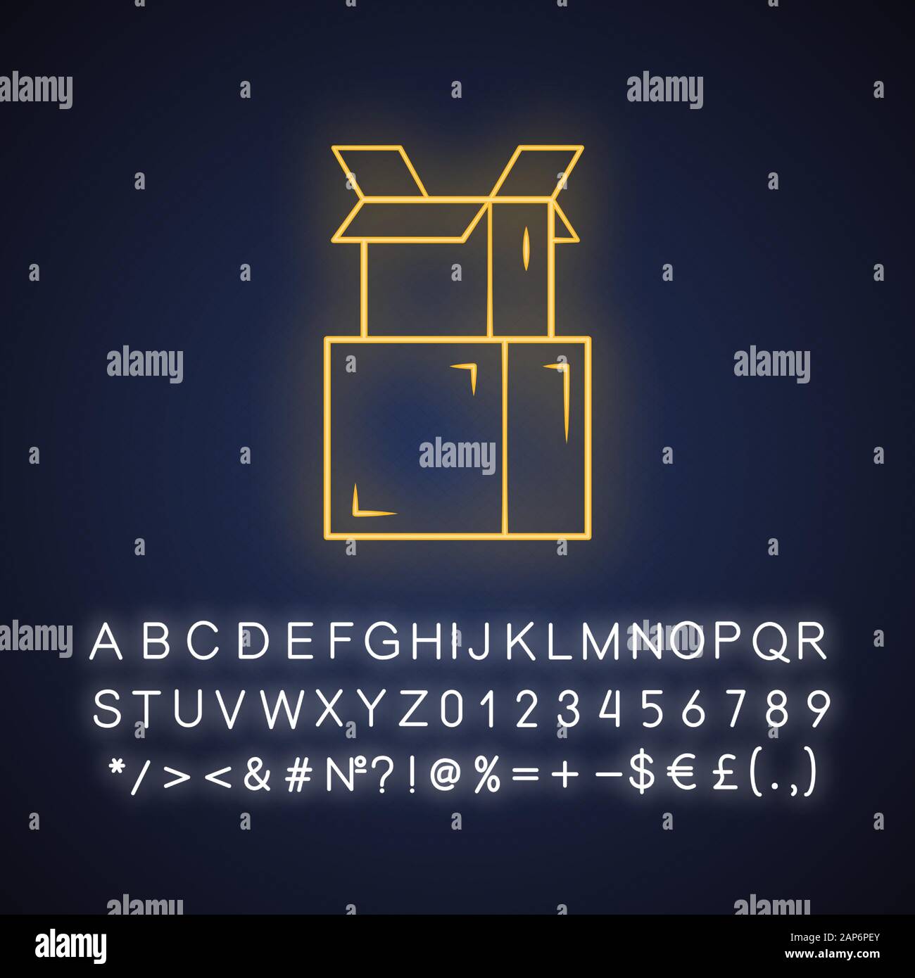 Cardboard boxes pile neon light icon. Parcel packing. Empty open carton ...