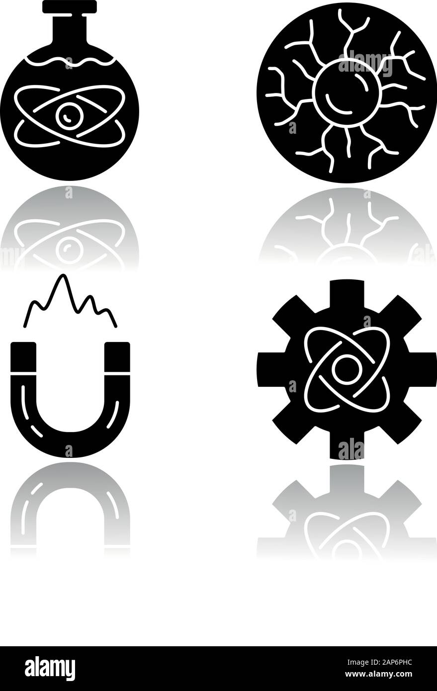 Physics branches drop shadow black glyph icons set. Chemical, plasma ...