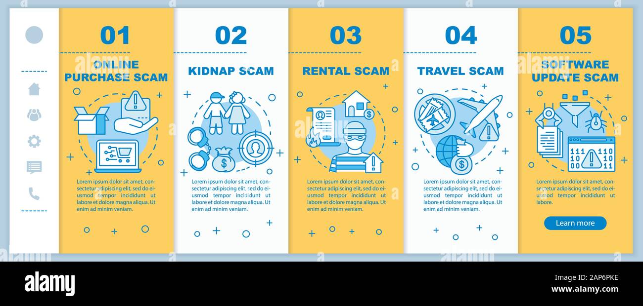 Scam types onboarding mobile web pages vector template. Responsive ...