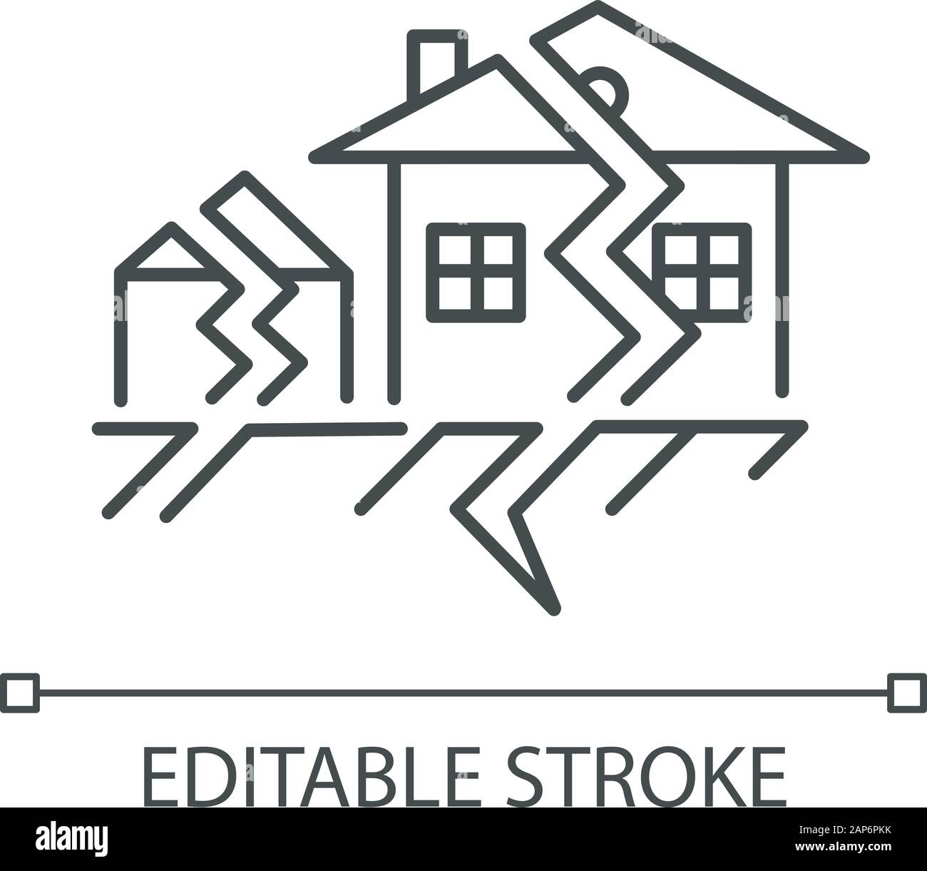 Earthquake linear icon. Seismic activity. Temblor buildings destruction ...