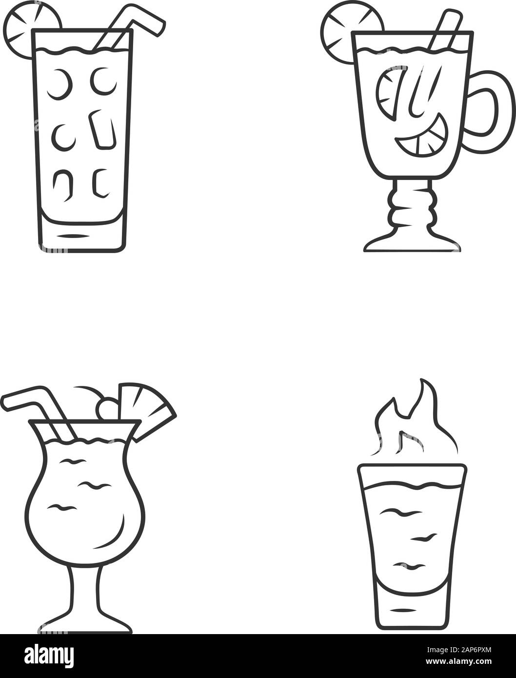 Drinks linear icons set. Cocktail in highball glass, hot toddy, pina ...